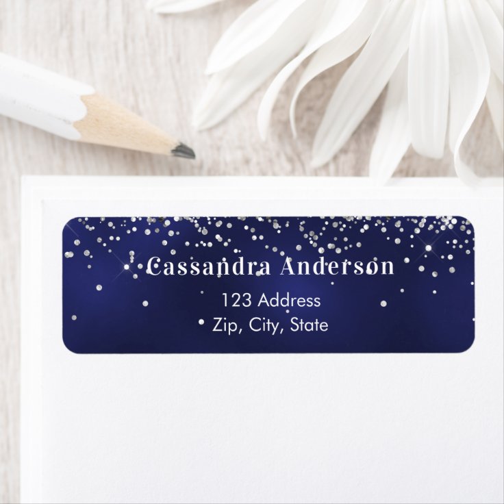 Navy blue silver return address label | Zazzle