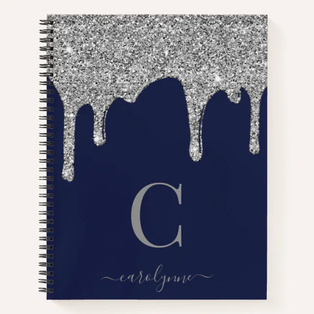 Navy Blue Silver Sparkle Glitter Drips Monogram Notebook | Zazzle
