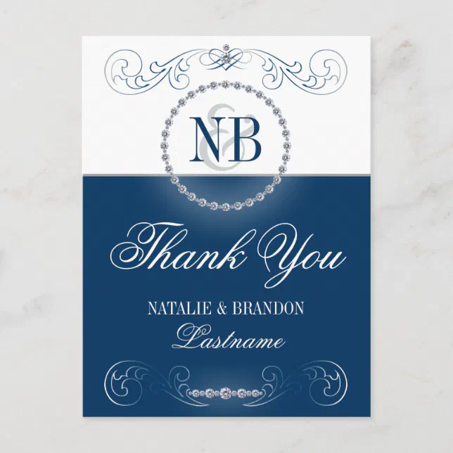 Navy blue silver Thank You postcards | Zazzle