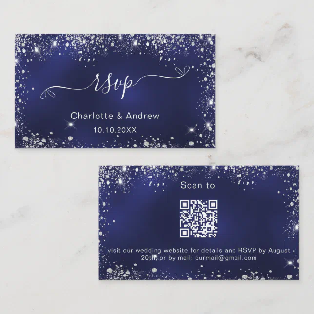 Navy blue silver wedding website RSVP QR code Enclosure Card | Zazzle