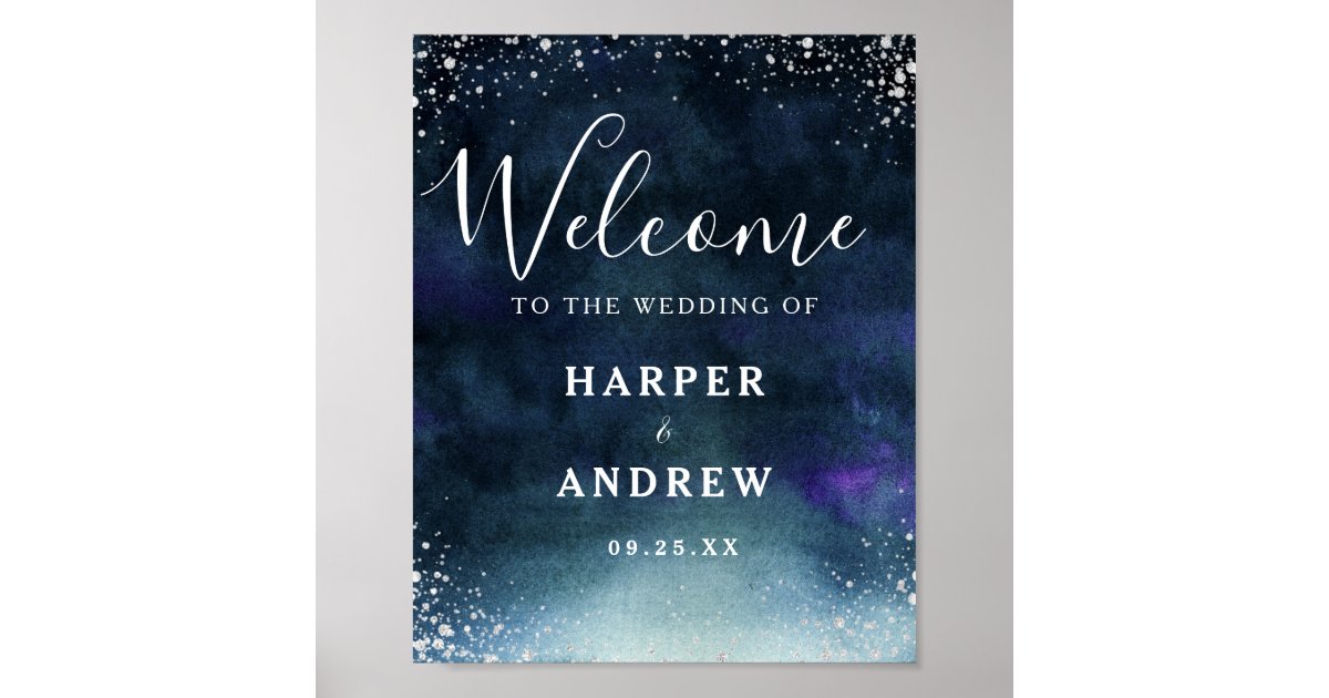 Navy Blue Silver Wedding Welcome Sign | Zazzle
