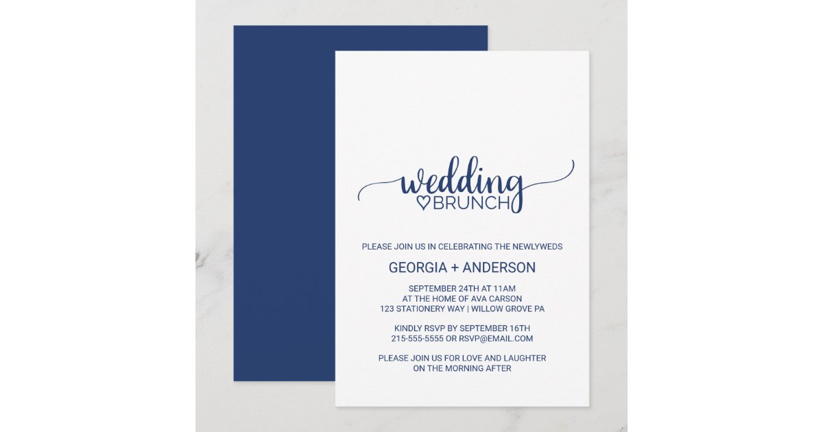 Navy Blue Simple Calligraphy Wedding Brunch Invitation | Zazzle