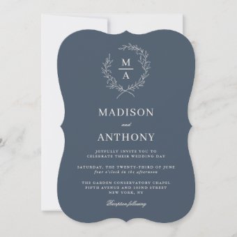 Navy Blue Simple Elegant Monogram Wedding Invitation | Zazzle