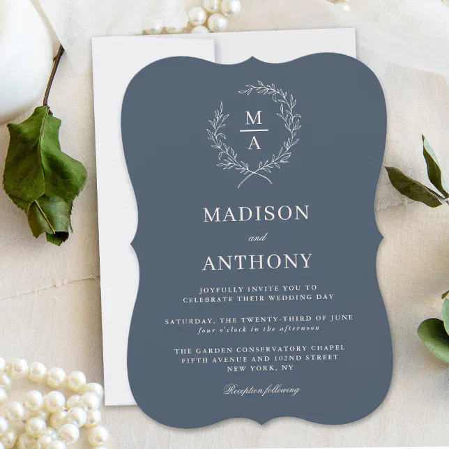 Navy Blue Simple Elegant Monogram Wedding Invitation | Zazzle