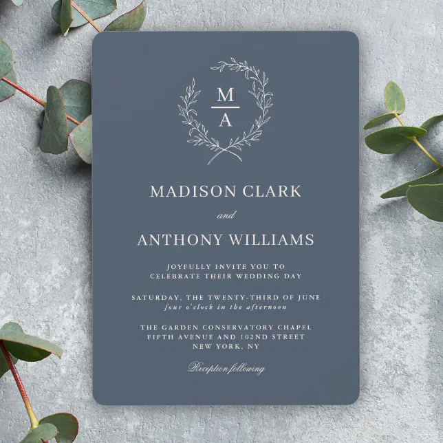 Navy Blue Simple Elegant Monogram Wedding Invitation | Zazzle