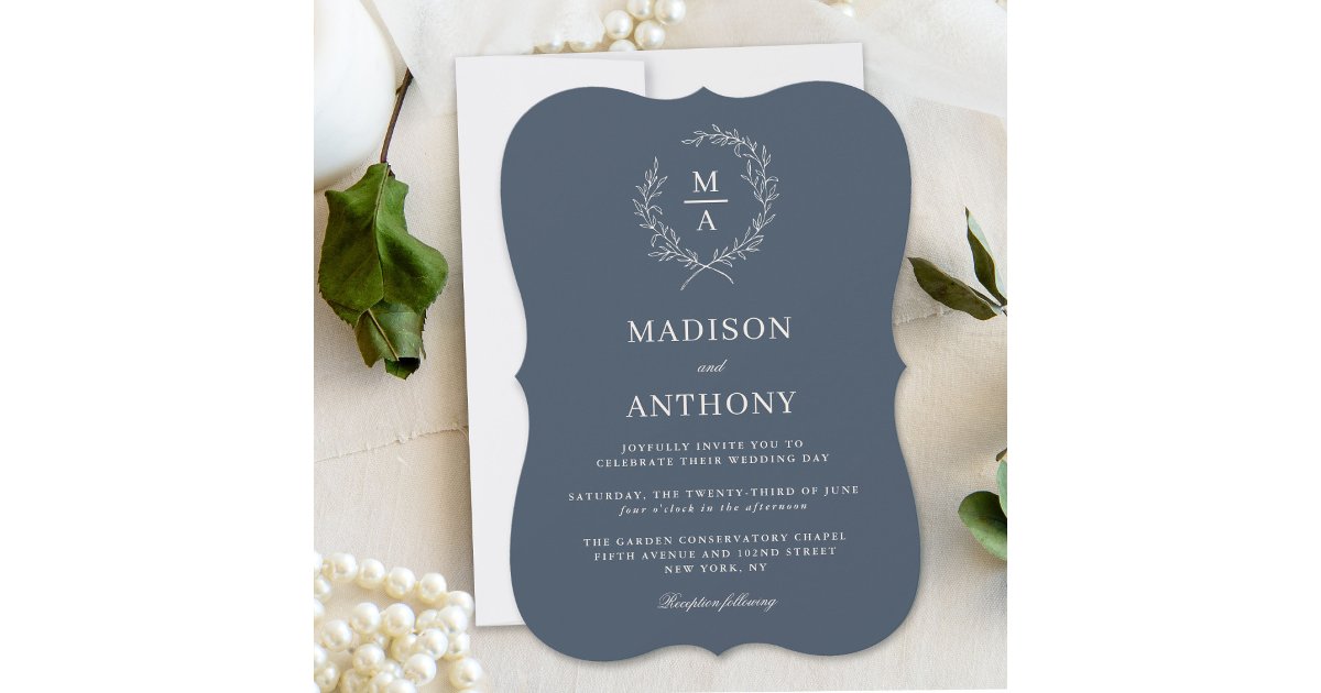 Navy Blue Simple Elegant Monogram Wedding Invitation | Zazzle