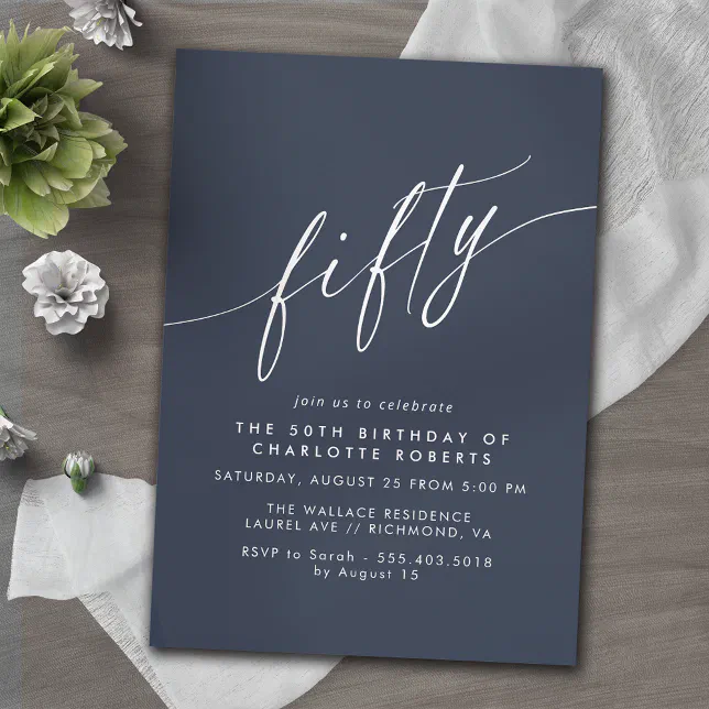 Navy Blue | Simple Fifty Script 50th Birthday Invitation | Zazzle