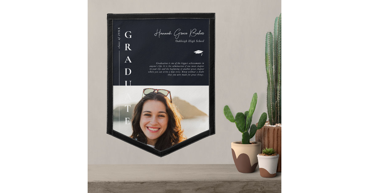Navy Blue | Simple Graduation Photo & Quote Pennant | Zazzle