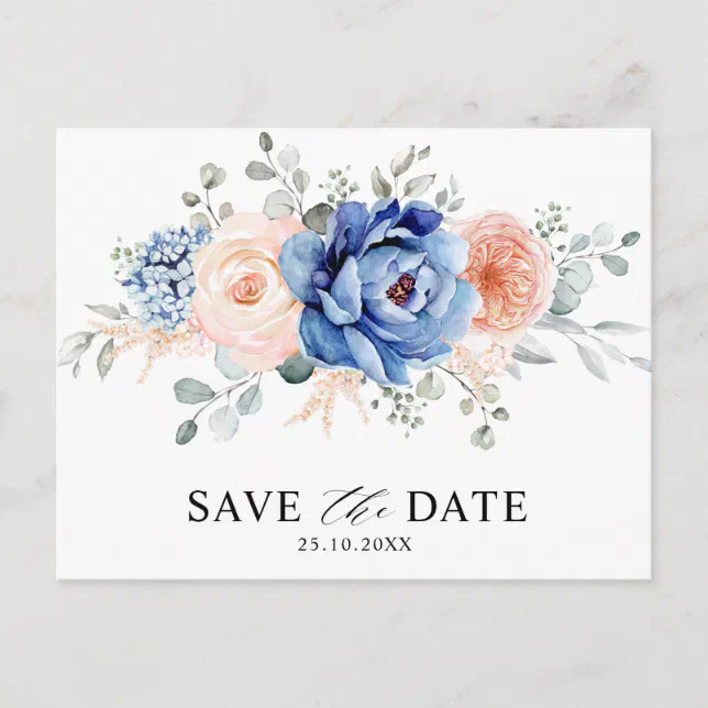 Navy Blue Slate Dusty Blush Floral Save the date Postcard | Zazzle