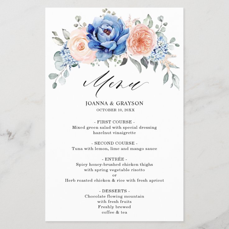Navy Blue Slate Dusty Blush Pink Floral Menu | Zazzle