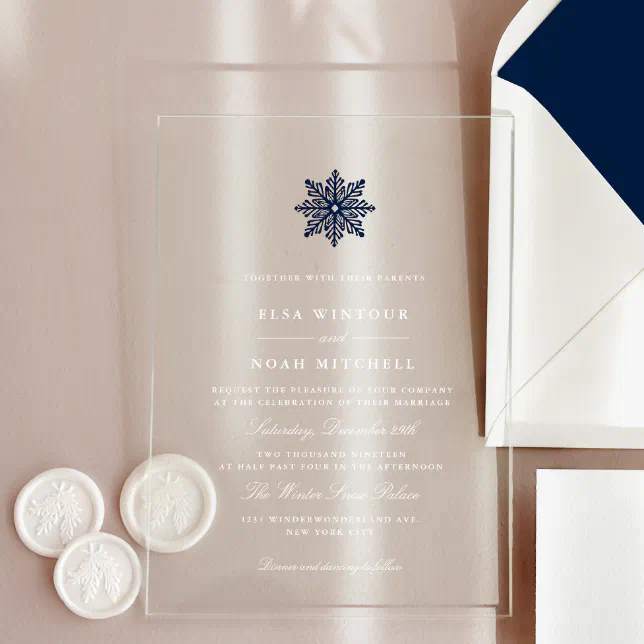 Navy Blue Snowflake Winter Wedding Transparent Acrylic Invitations | Zazzle