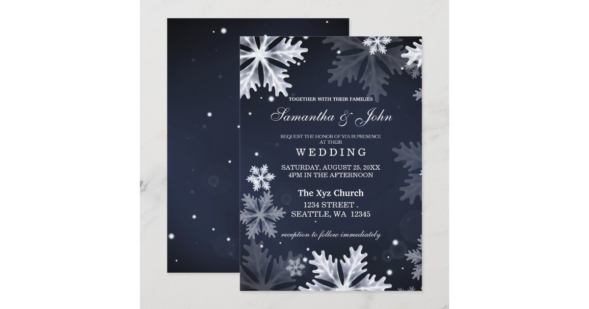 Navy Blue snowflakes winter wedding invitation | Zazzle