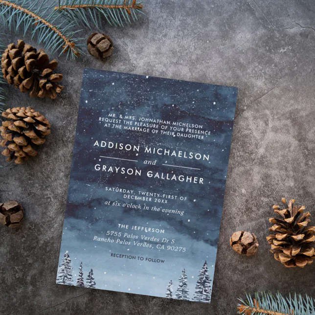 Navy Blue Snowy Winter Wonderland Formal Wedding Invitation | Zazzle