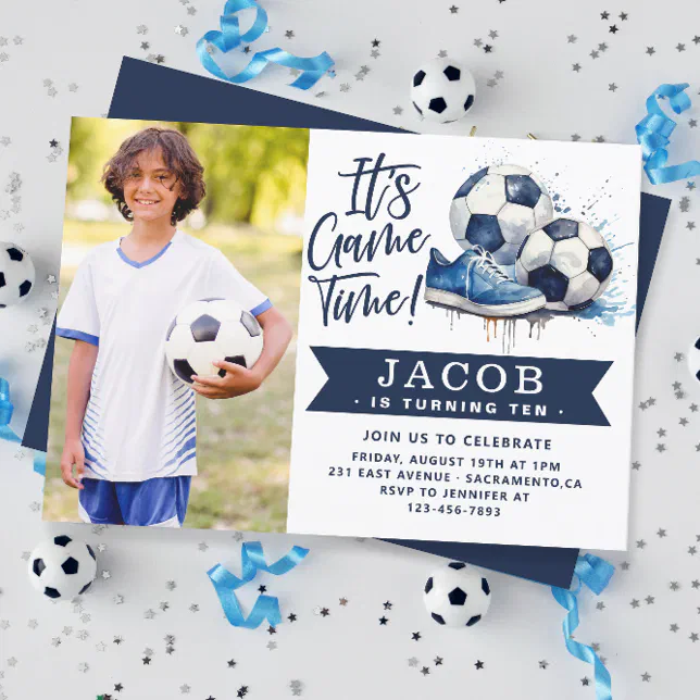 Navy Blue Soccer Kids Watercolor Photo Invitation | Zazzle