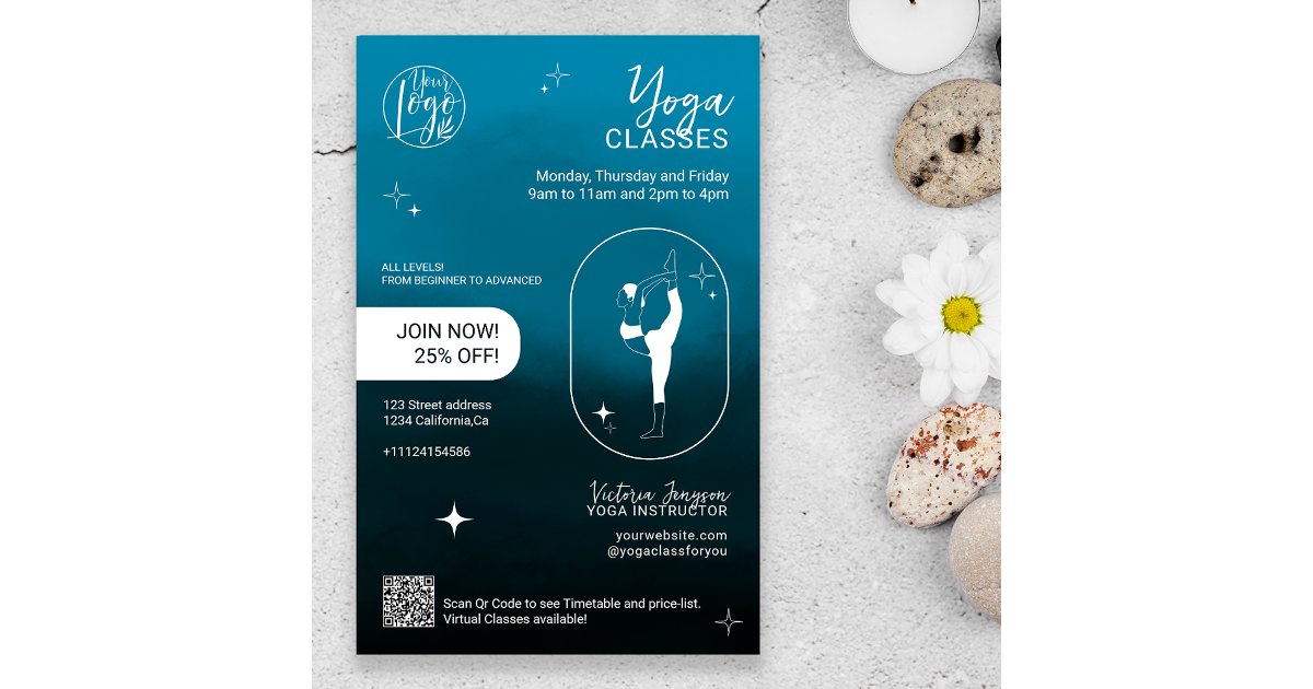 Navy blue star Yoga instructor studio classes Flyer | Zazzle