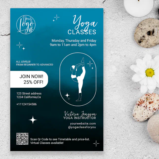 Navy blue star Yoga instructor studio classes Flyer | Zazzle