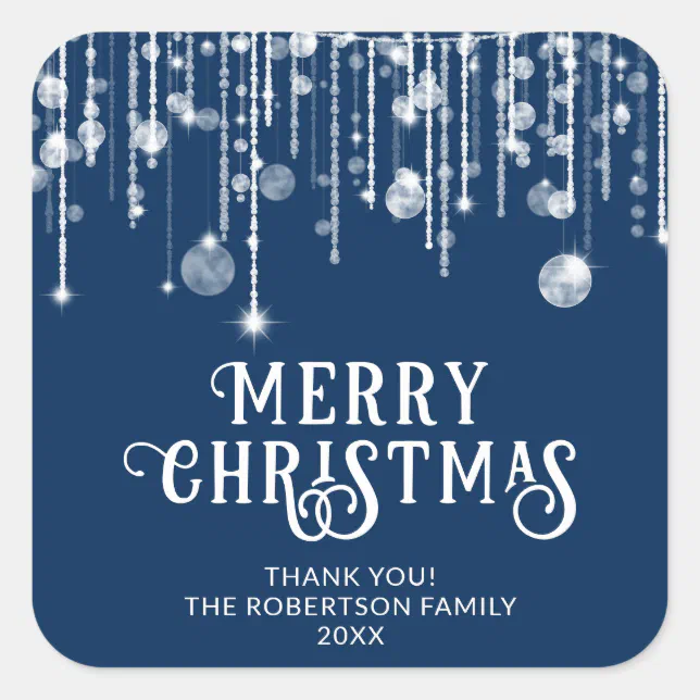 Navy Blue String Lights Christmas Party Favor Square Sticker | Zazzle
