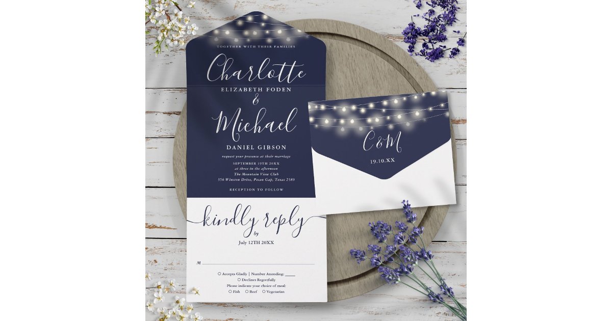 Navy Blue String Lights Elegant Script Wedding All In One Invitation ...