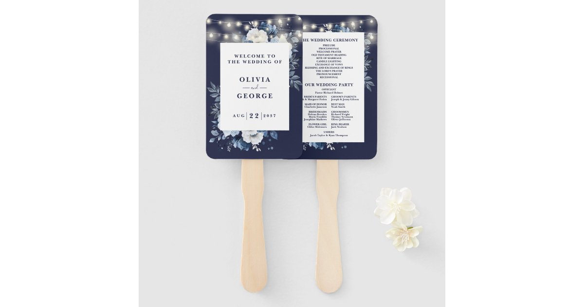 Navy Blue String Lights Floral Wedding Program Hand Fan | Zazzle