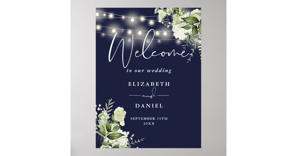 Navy Blue String Lights Floral Wedding Welcome Poster | Zazzle