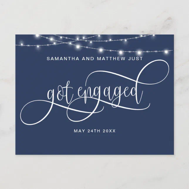 Navy Blue, String Lights, Got Engaged, Engagement Announcement Postcard ...