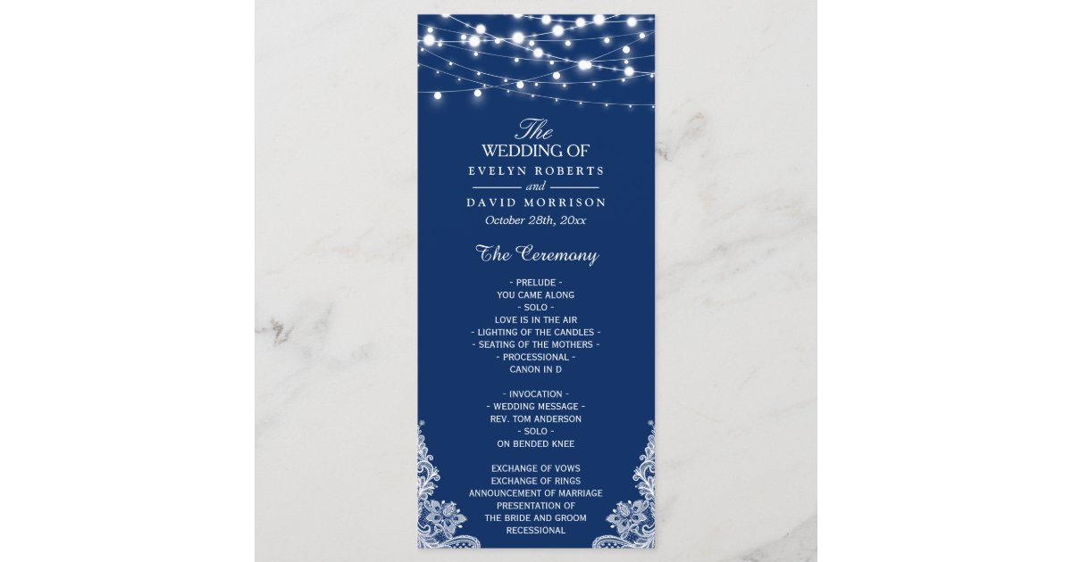 Navy Blue String Lights Lace Wedding Program | Zazzle