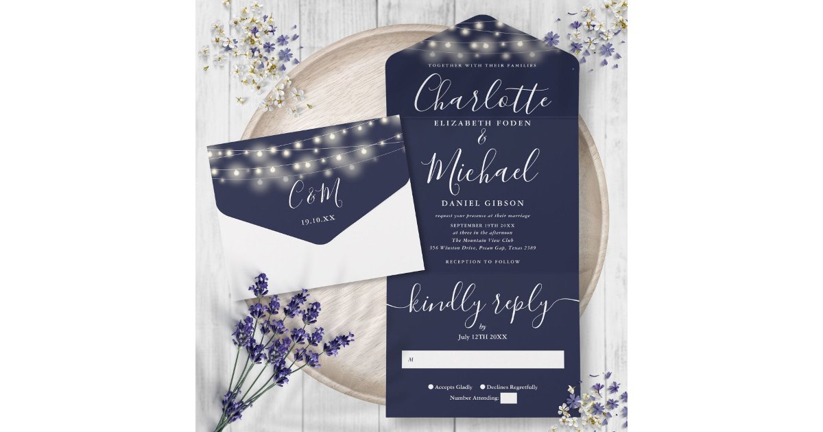 Navy Blue String Lights Modern Script Wedding All In One Invitation ...