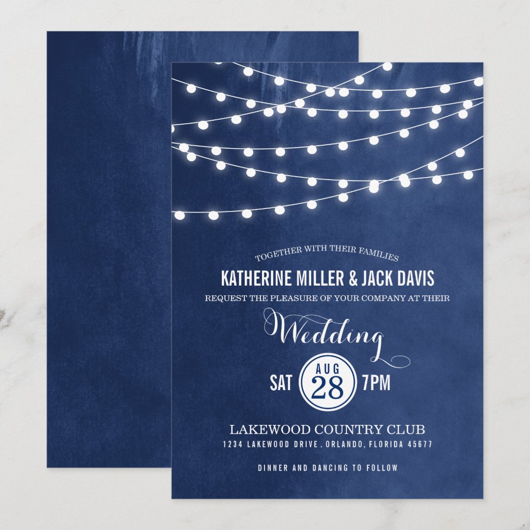 Navy Blue String Lights Wedding Invitation | Zazzle