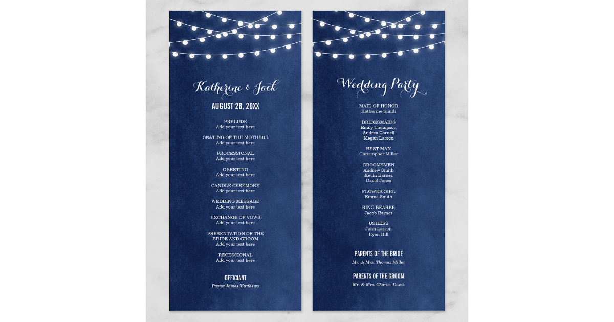 Navy Blue String Lights Wedding Program | Zazzle