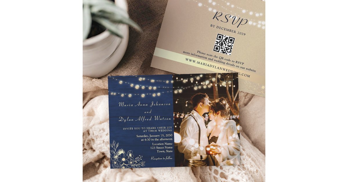 Navy Blue String Lights Wedding QR Invite | Zazzle