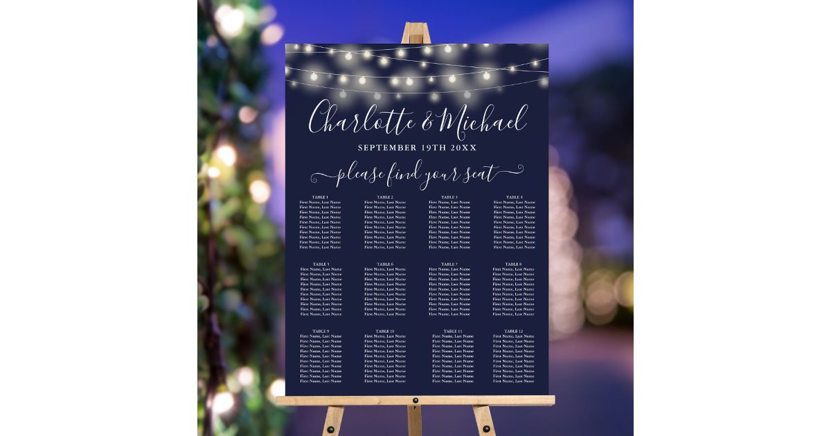 Navy Blue String Lights Wedding Seating Chart Foam Board | Zazzle