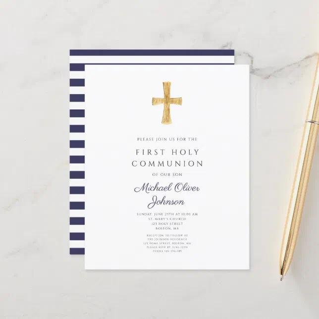 Navy Blue Stripes Boy First Communion Invitation | Zazzle