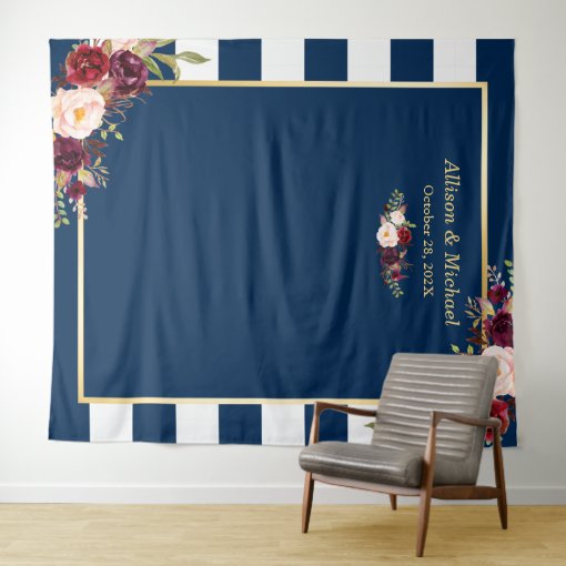 Navy Blue Stripes Burgundy Floral Wedding Backdrop | Zazzle
