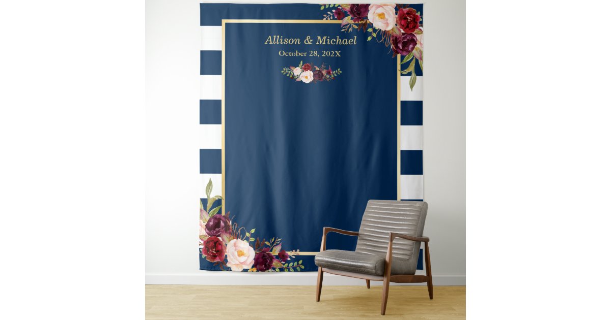 Navy Blue Stripes Burgundy Floral Wedding Backdrop | Zazzle