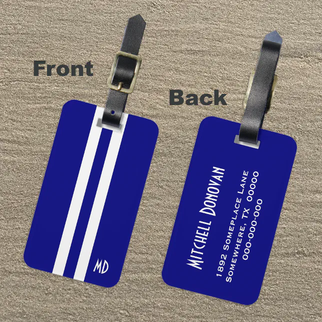 Navy Blue Stripes Monogram Luggage Tag for Men | Zazzle
