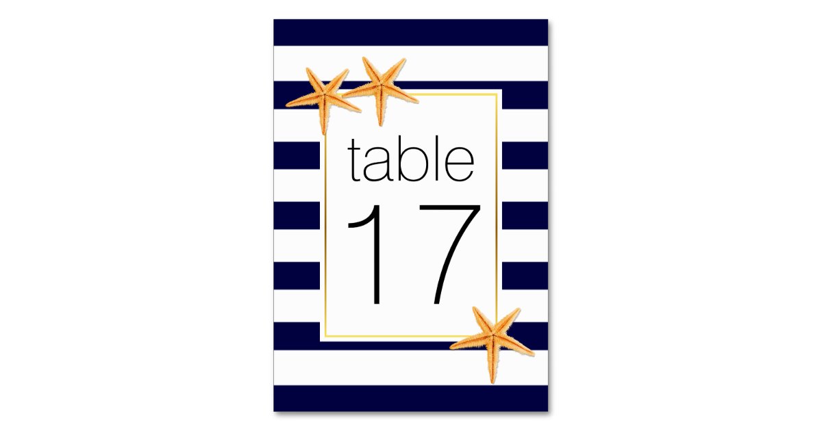 Navy blue stripes & starfish wedding table number | Zazzle