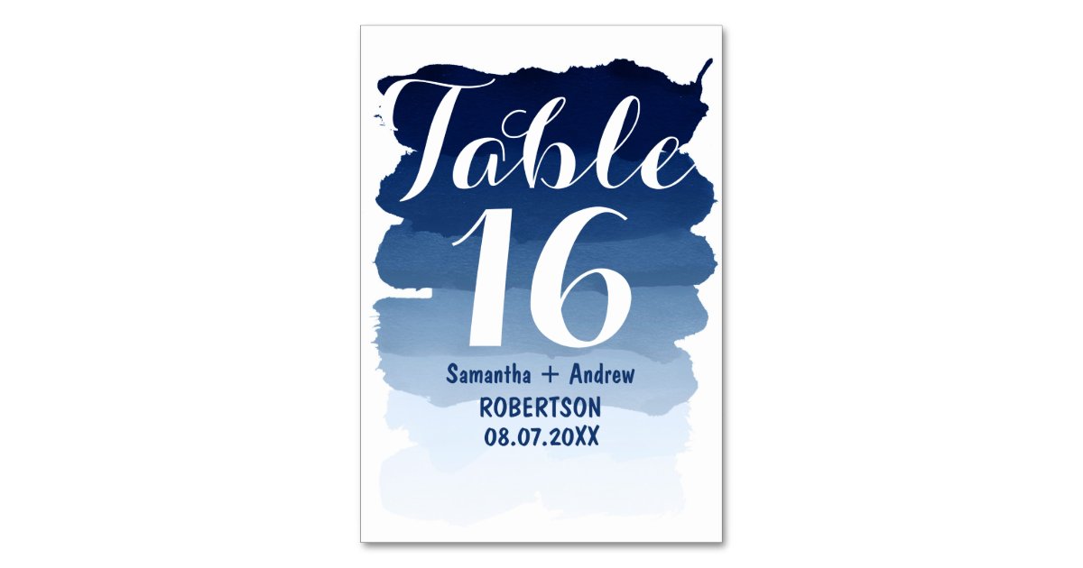 Navy blue stripes watercolor ombre table number | Zazzle