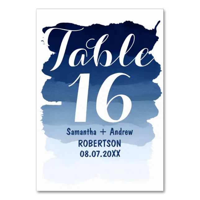 Navy blue stripes watercolor ombre table number | Zazzle