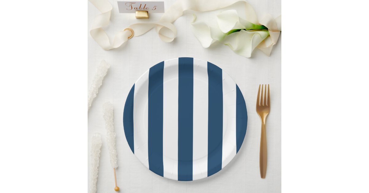 Navy Blue Stripes, White Stripes, Striped Pattern Paper Plates | Zazzle