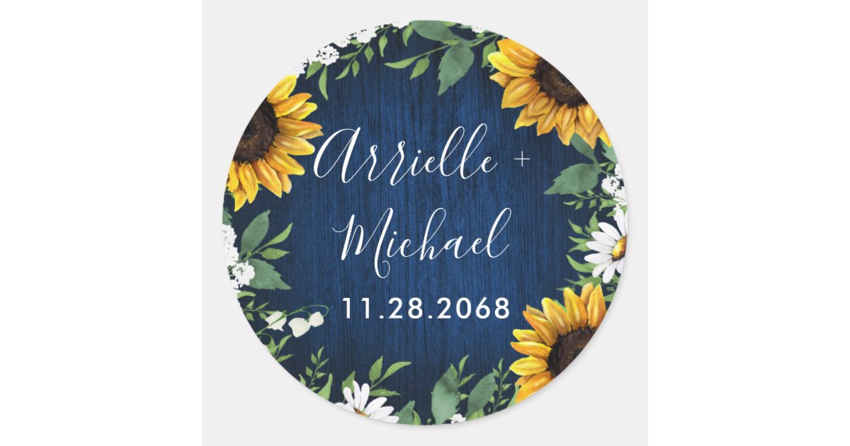 Navy Blue Sunflower Rustic Wedding Favor Classic Round Sticker Zazzle