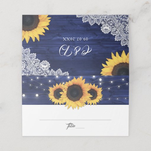 Navy Blue Sunflower Rustic Wood Lights Wedding Place Card Zazzle