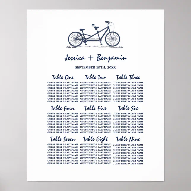 Navy Blue Tandem Bike Wedding Seating Chart Poster | Zazzle
