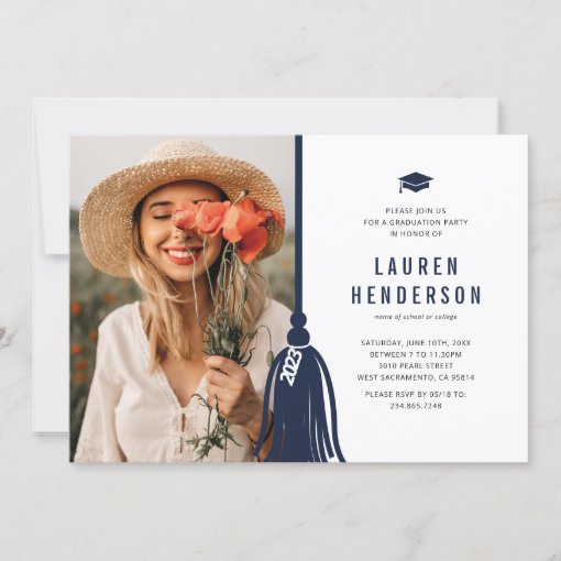 Navy Blue Tassel Photo Graduation Party Invitation | Zazzle