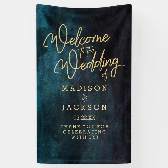 Navy Blue & Teal Watercolor Gold Wedding Welcome Banner | Zazzle