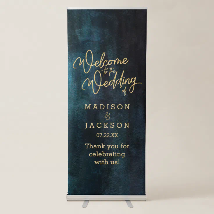 Navy Blue & Teal Watercolor Gold Wedding Welcome Retractable Banner ...
