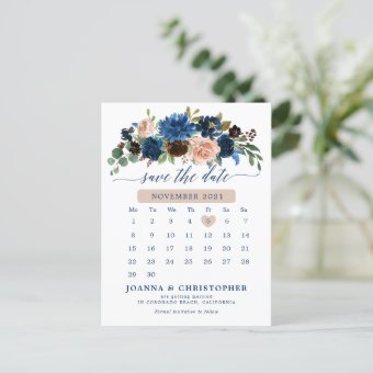 Navy Blue Terracotta Rose Botanical Save the Date Announcement Postcard ...