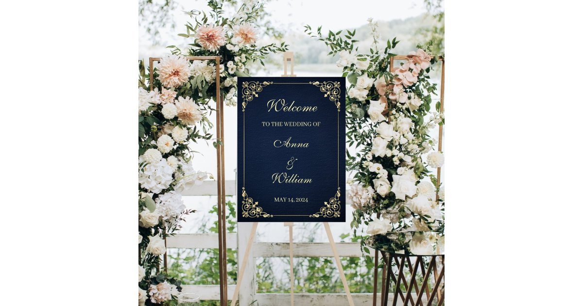 Navy blue texture art deco wedding sign | Zazzle