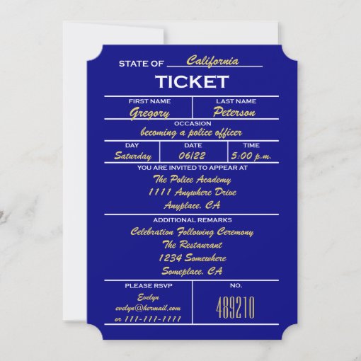 Navy Blue Ticket Police Graduation Invitations | Zazzle