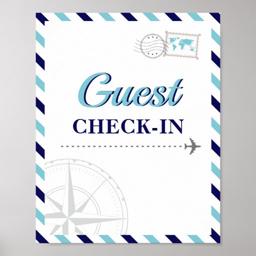 Navy Blue Travel Airplane Guest Check-in Welcome Poster | Zazzle
