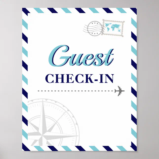 Navy Blue Travel Airplane Guest Check-in Welcome Poster | Zazzle
